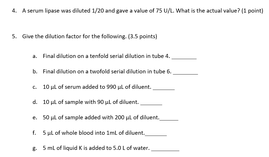 Solved 4. A serum lipase was diluted 1/20 and gave a value | Chegg.com
