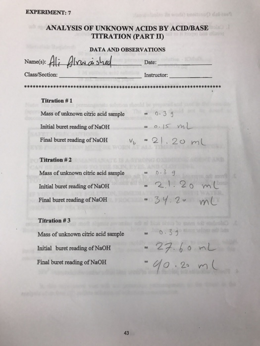 Solved EXPERIMENT: 7 ANALYSIS OF UNKNOWN ACIDS BY ACID/BASE | Chegg.com