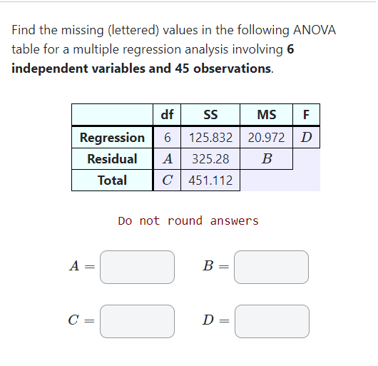 Solved Find the missing (lettered) values in the following | Chegg.com