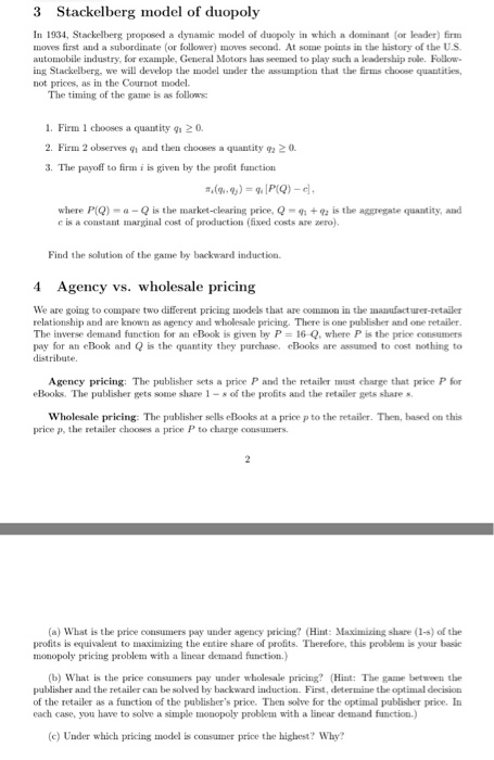 Solved 3 Stackelberg model of duopoly In 1934, Stackelberg | Chegg.com