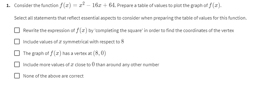 Solved 1. Consider the function f(x)=x2−16x+64. Prepare a | Chegg.com