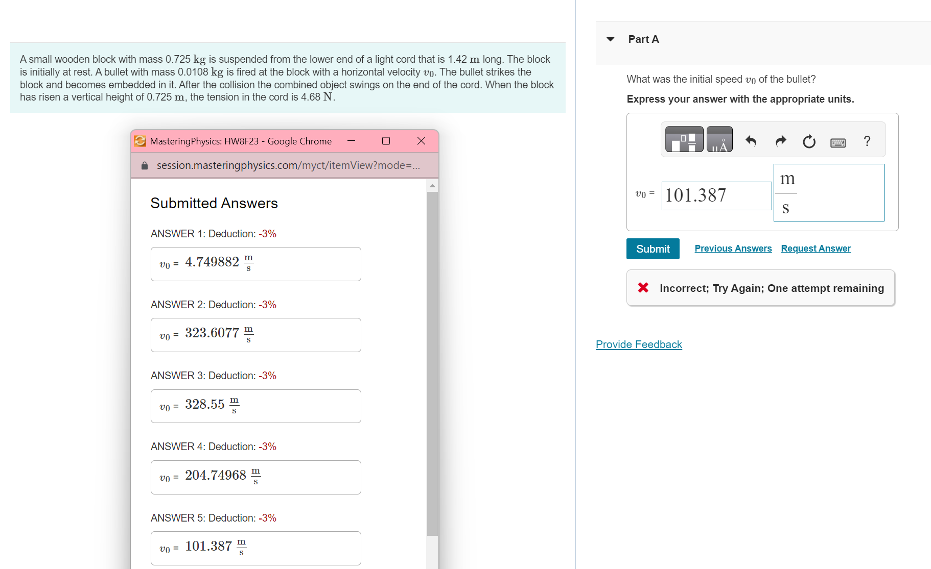 Solved A small wooden block with mass 0.725kg ﻿is suspended | Chegg.com