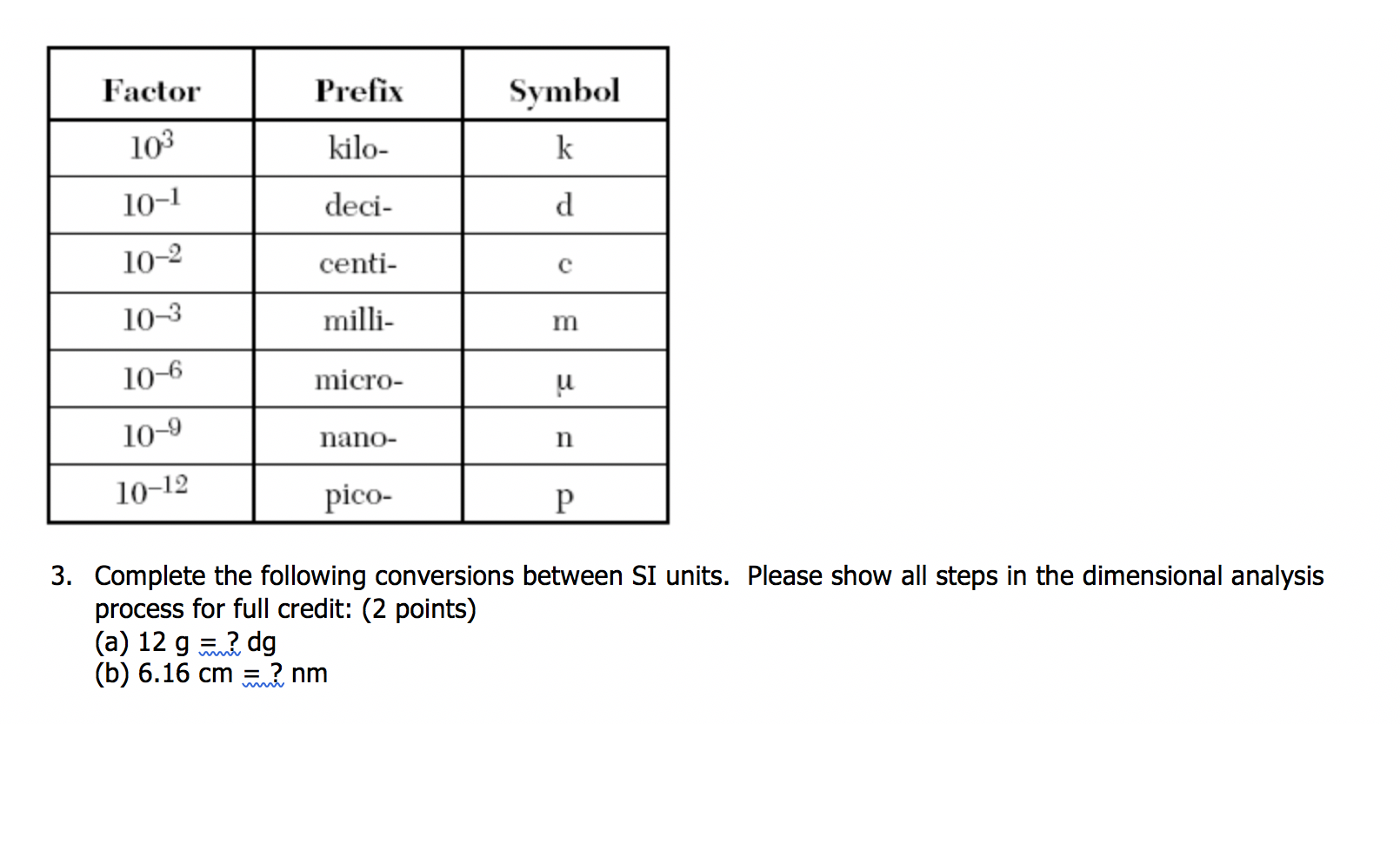 Solved Factor Prefix Symbol 103 kilo- k 10-1 deci- d 10-2 | Chegg.com