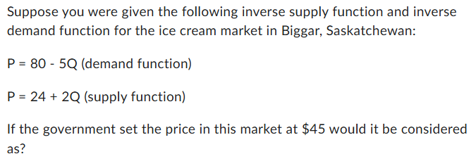 Solved Suppose you were given the following inverse supply | Chegg.com