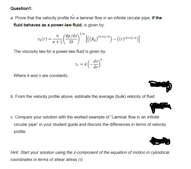 Question1:a. ﻿Prove that the velocity profile for a | Chegg.com