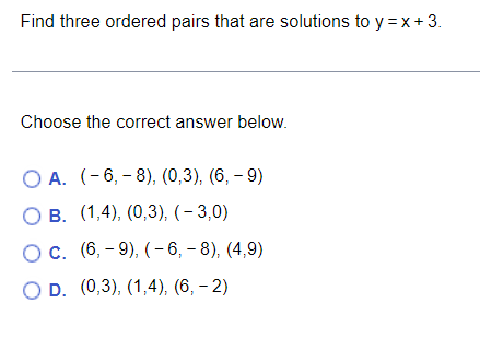 Solved Find three ordered pairs that are solutions to y=x+3. | Chegg.com