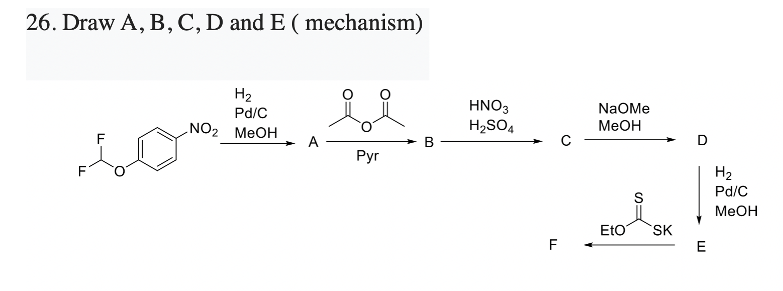 Solved 26. Draw A, B, C, D and E (mechanism) O= H2 Pd/C MeOH | Chegg.com