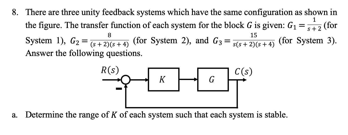 Solved 8. There are three unity feedback systems which have | Chegg.com
