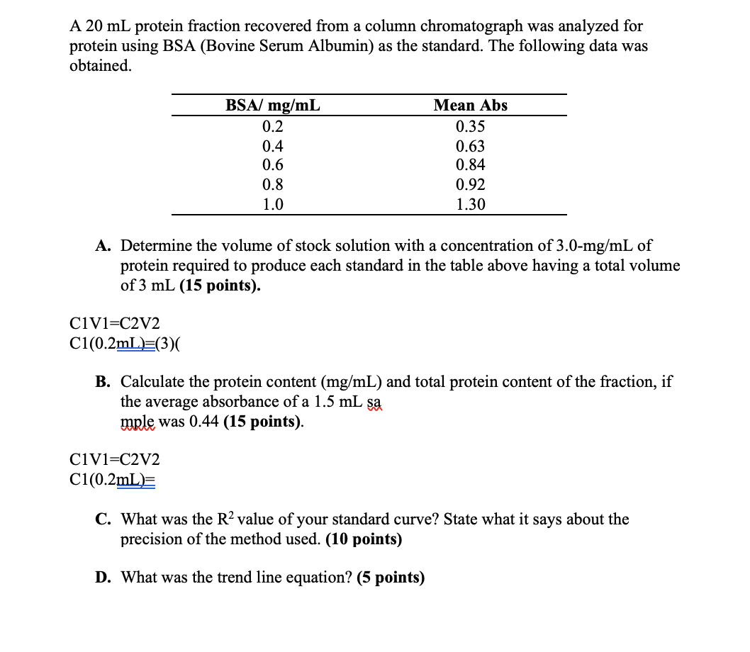 Solved A 20mL ﻿protein fraction recovered from a column | Chegg.com