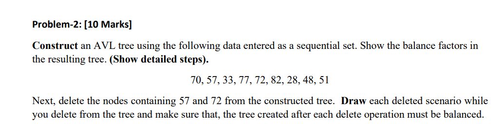 Solved Problem-2: [10 Marks] Construct an AVL tree using the | Chegg.com
