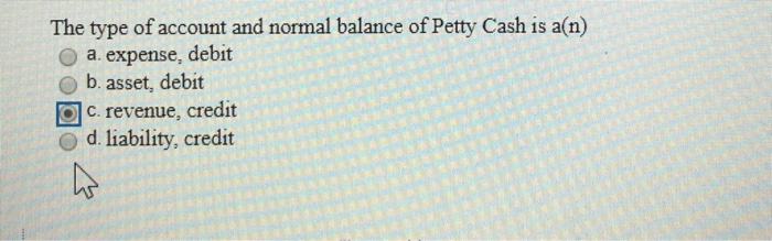 Solved The type of account and normal balance of Petty Cash | Chegg.com