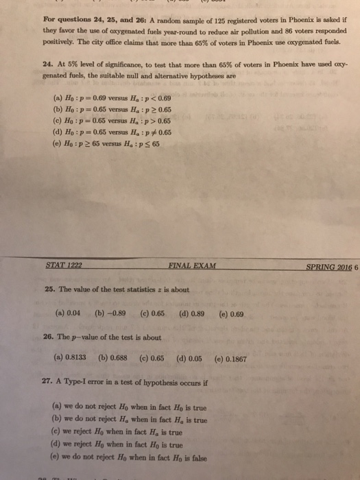 Solved For questions 24, 25, and 26: A random sample of 125 | Chegg.com