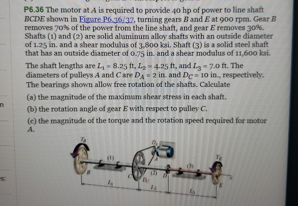 Solved P6.36 The motor at A is required to provide 40 hp of | Chegg.com