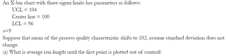 Solved An X-bar chart with three-sigma limits has parameters | Chegg.com