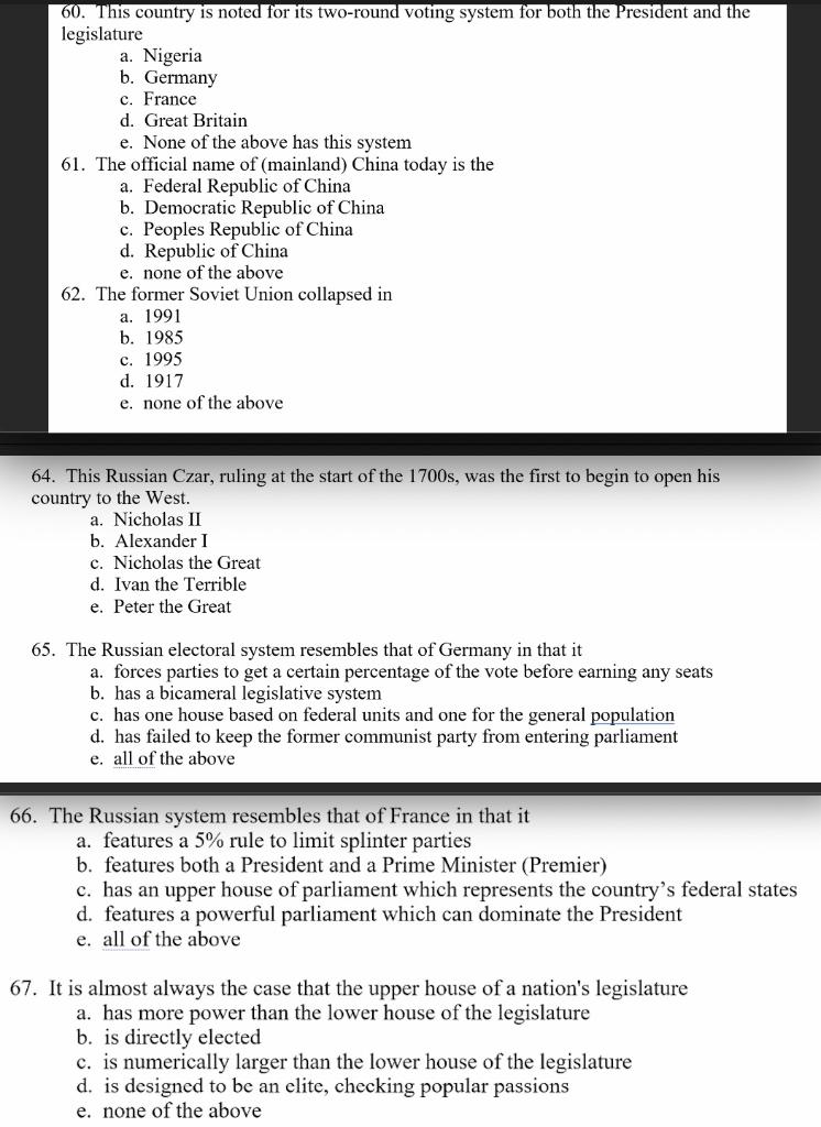 Solved 60. This country is noted for its two-round voting | Chegg.com