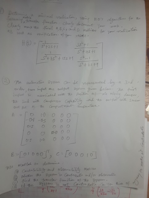 Question 1 Determine A Minimal Realization Using