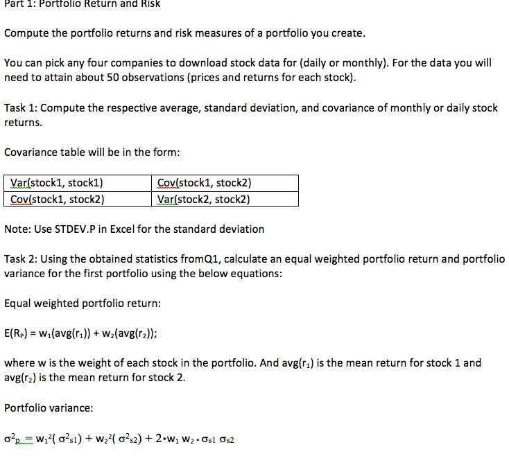 Part 1: Portfolio Return and Risk Compute the | Chegg.com