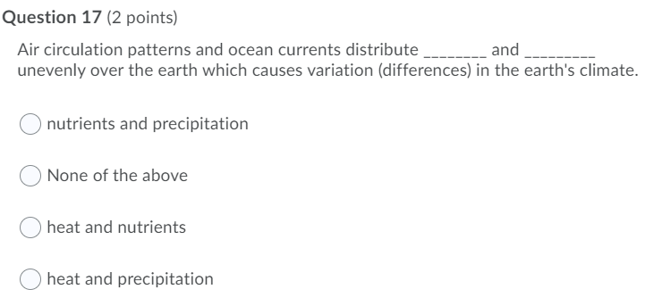 Solved Question 17 (2 points) Air circulation patterns and | Chegg.com