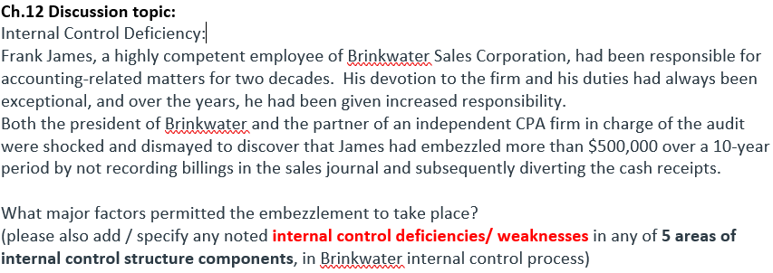 Solved Ch.12 Discussion topic: Internal Control Deficiency: | Chegg.com