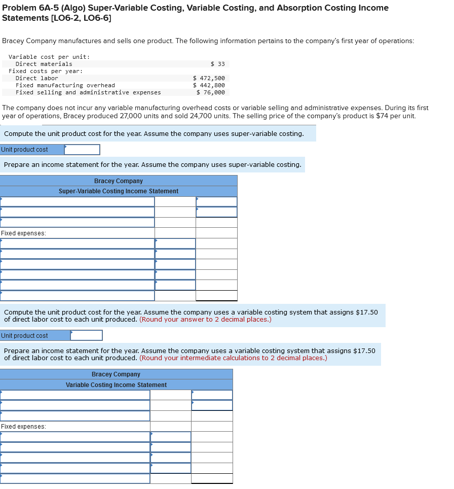 Solved Problem 6A-5 (Algo) Super-Variable Costing, Variable | Chegg.com