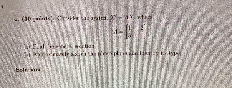 Solved 4. (30 points): Consider the system X′=AX, where | Chegg.com