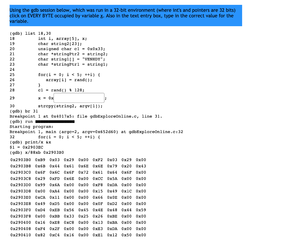 Solved Using the gdb session below, which was run in a | Chegg.com
