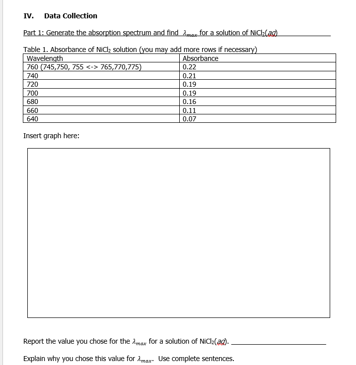 Solved IV. Data Collection Part 1: Generate the absorption | Chegg.com