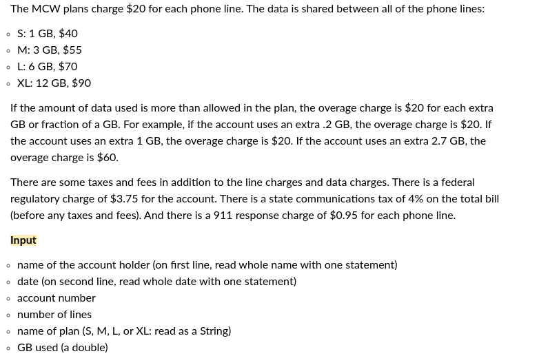 Solved The MCW plans charge $20 for each phone line. The | Chegg.com