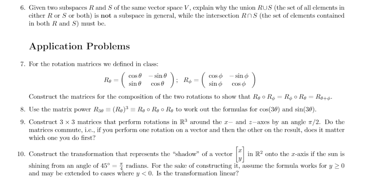 Solved 6. Given two subspaces R and S of the same vector | Chegg.com