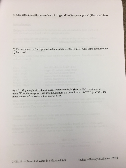 Solved Chemistry Lab 111 Percent Water in a Hydrated Salt | Chegg.com
