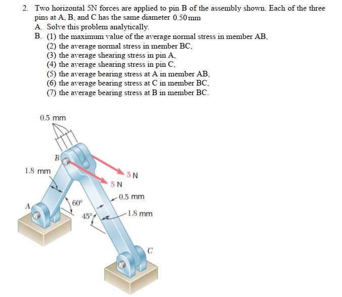 Solved 2. ﻿Two horizontal 5N forces are applied to pin B of | Chegg.com