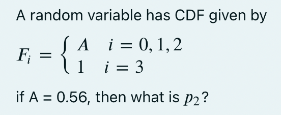 Solved A random variable has CDF given by Fi={A1i=0,1,2i=3 | Chegg.com