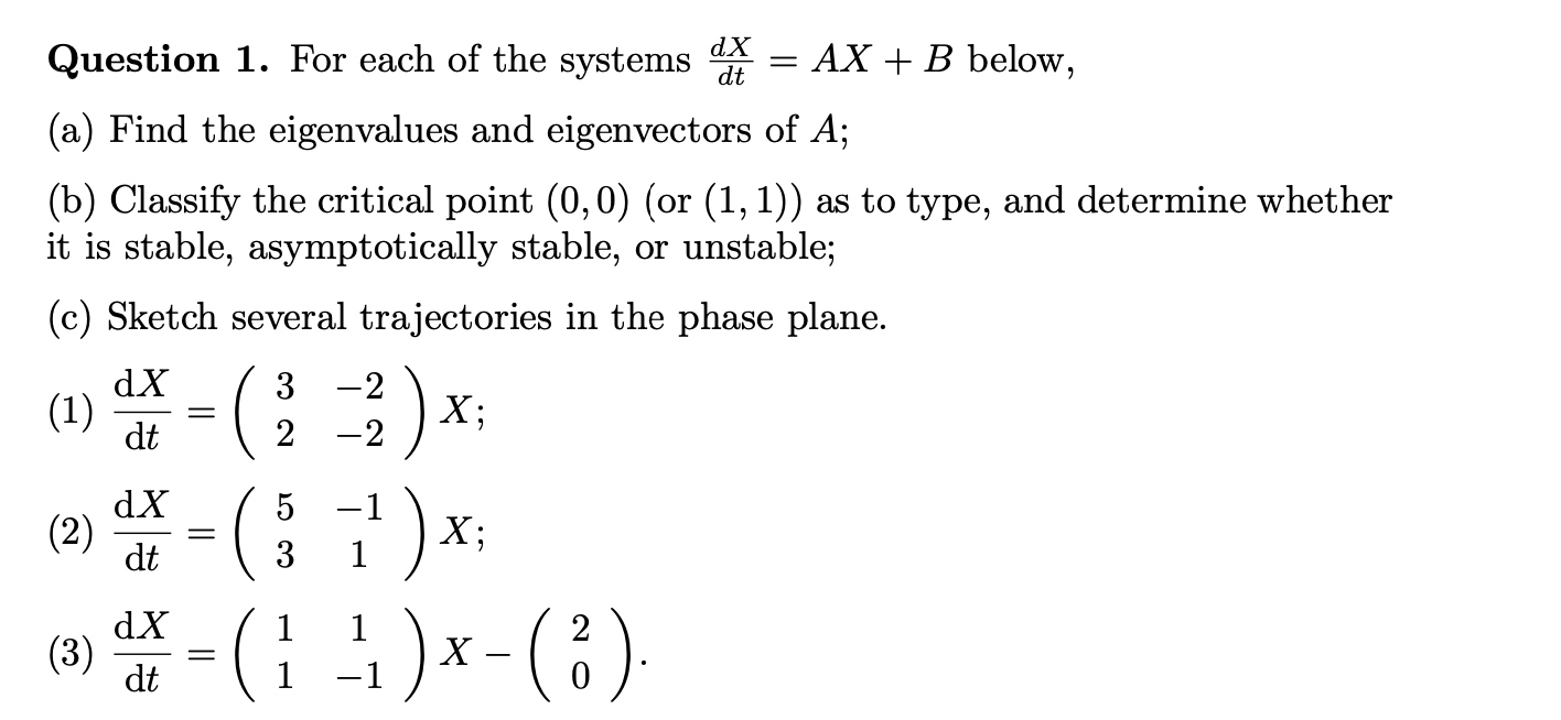 Solved dx dt Question 1. For each of the systems AX + B | Chegg.com