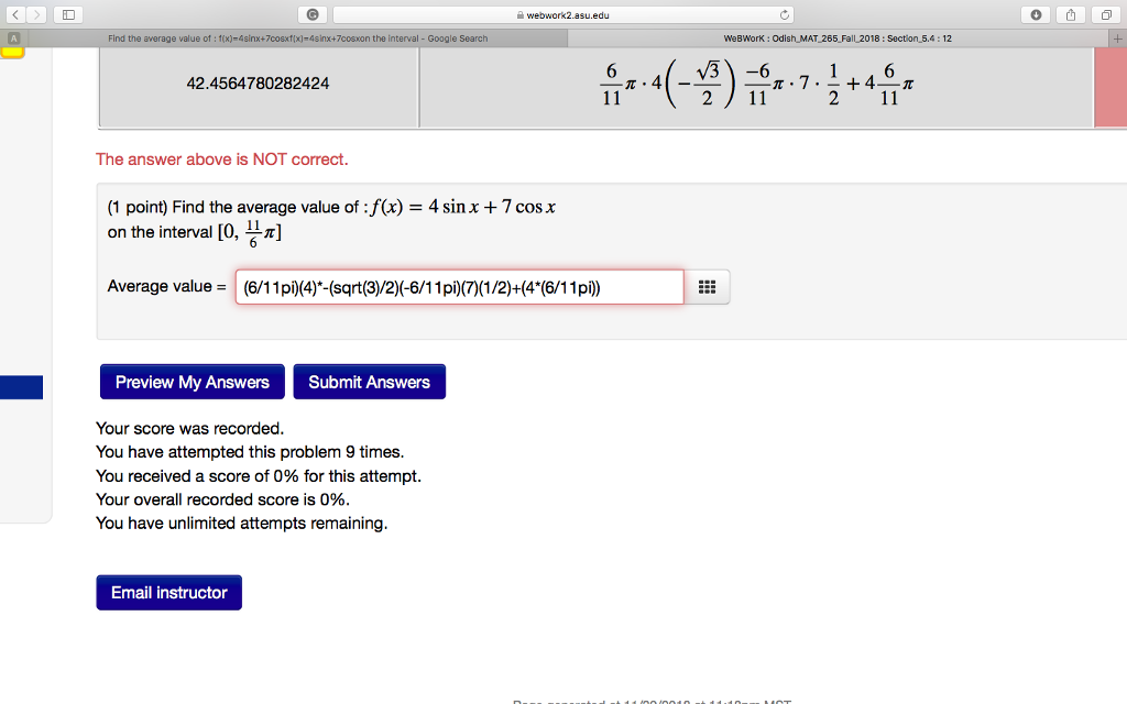 Solved webwork2.asu.edu Find the average value ot x+7cosxon | Chegg.com