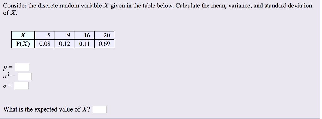 Solved Consider the discrete random variable X given in the | Chegg.com