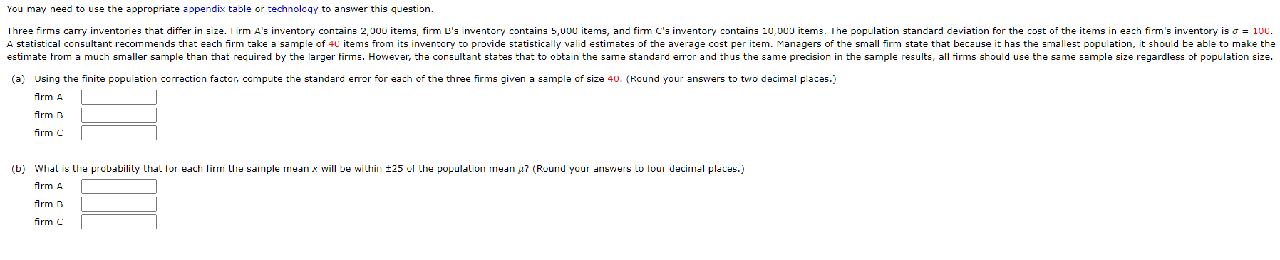 Solved A Using The Finite Population Correction Factor