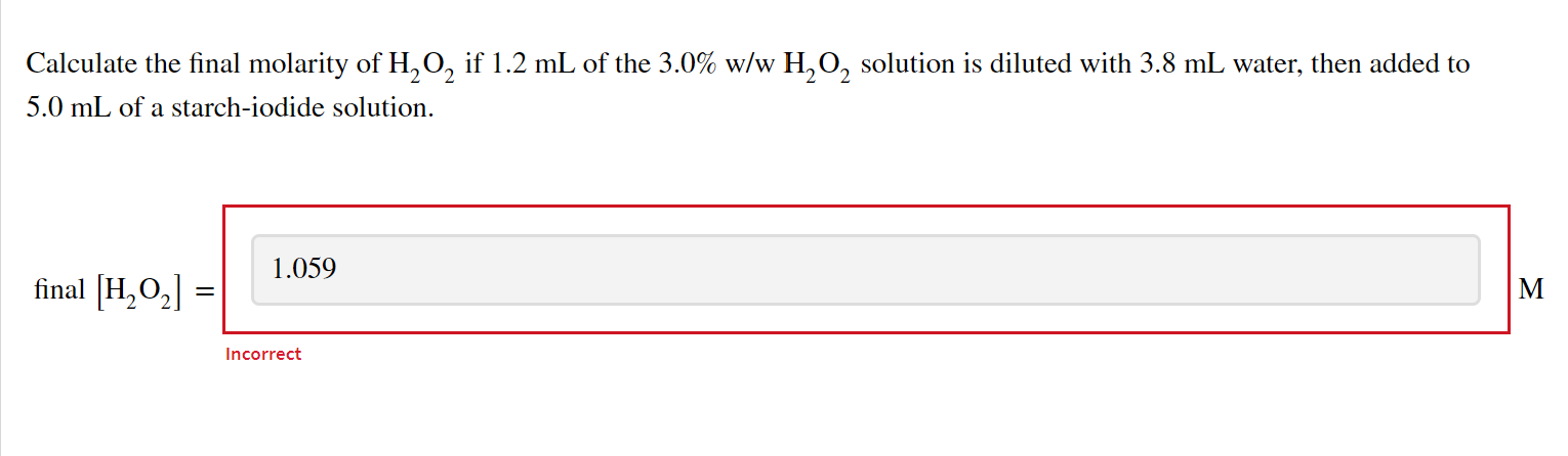 Solved Calculate the final molarity of H2O, if 1.2 mL of the | Chegg.com