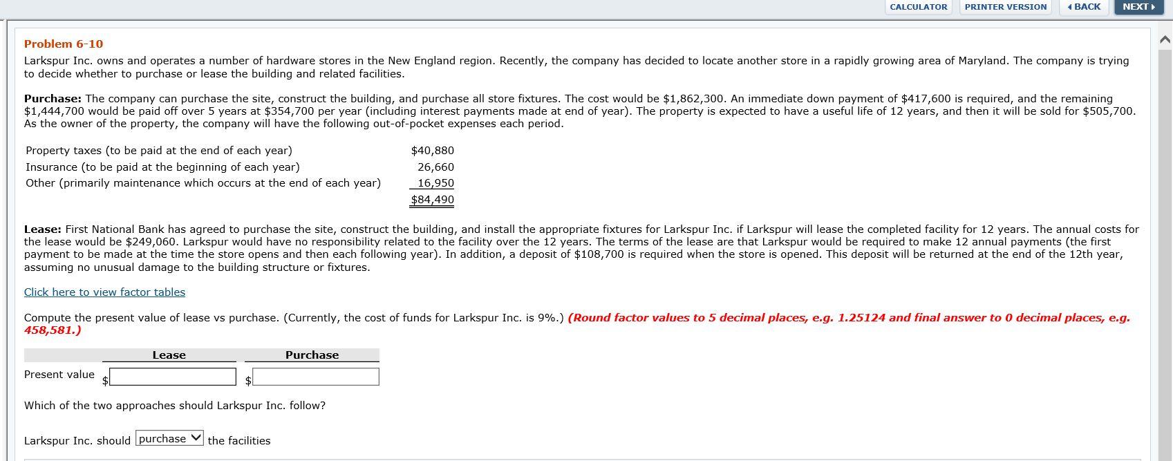 Solved CALCULATOR PRINTER VERSION 4 BACK NEXT Problem 6-10 | Chegg.com