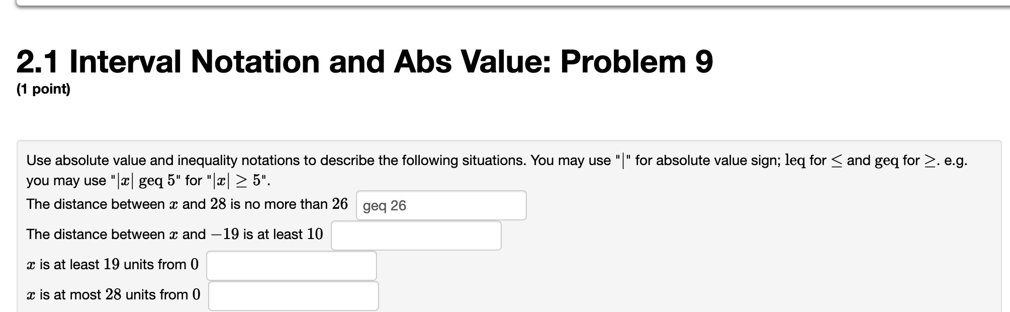Solved 2.1 Interval Notation and Abs Value: Problem 9 (1 | Chegg.com