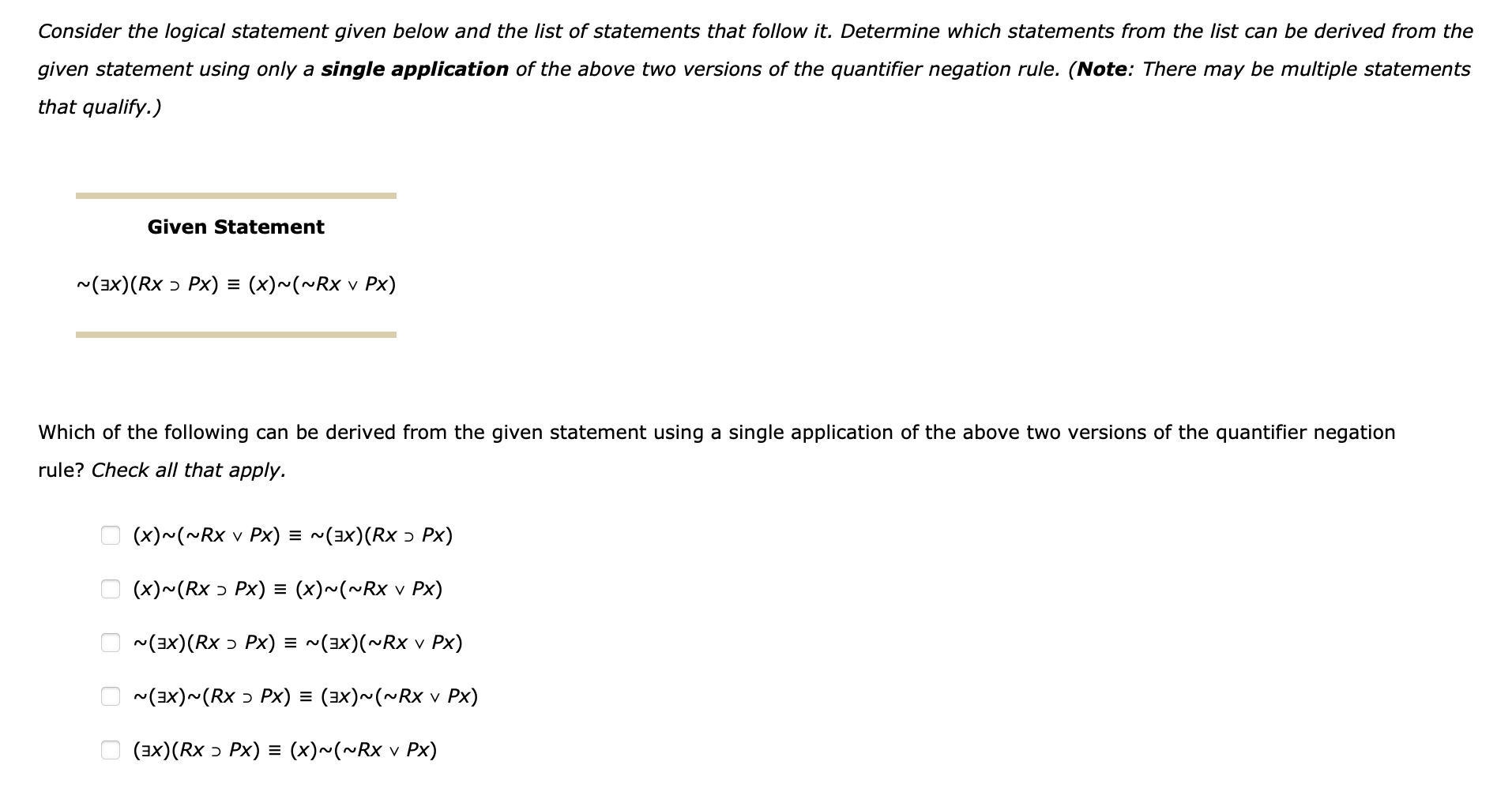 Consider the logical statement given below and the | Chegg.com