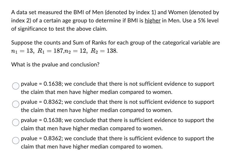 Solved A data set measured the BMI of Men (denoted by index | Chegg.com
