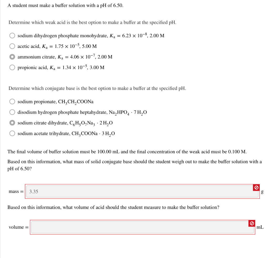 Solved A student must make a buffer solution with a pH of | Chegg.com