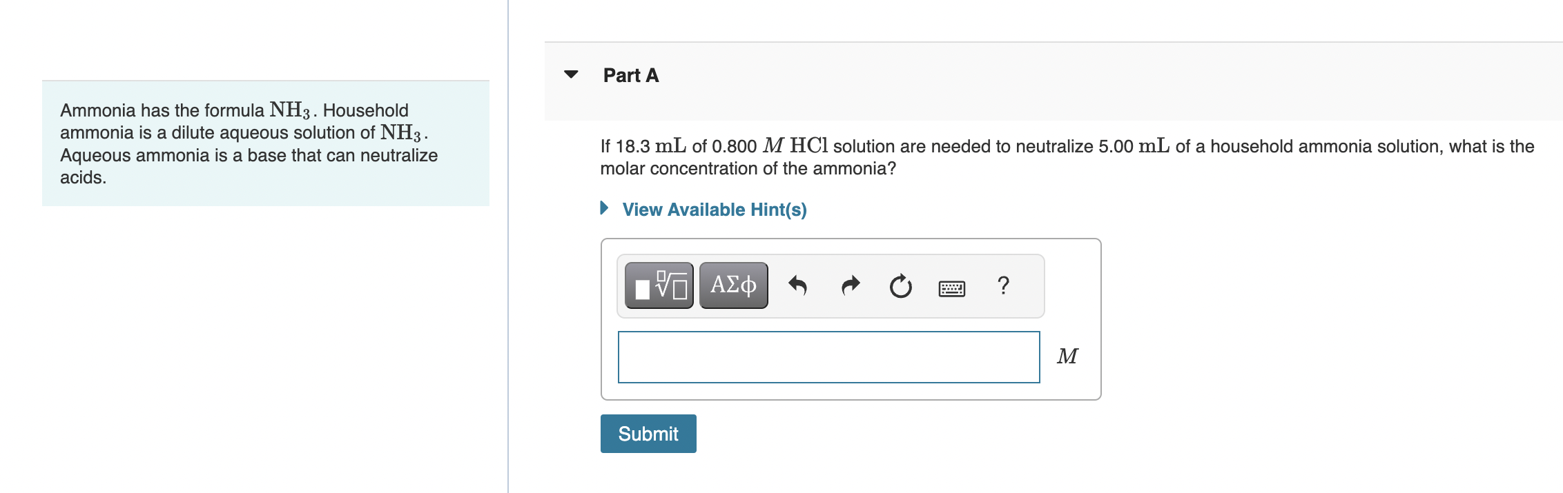 Solved Ammonia has the formula NH3. Household ammonia is a | Chegg.com