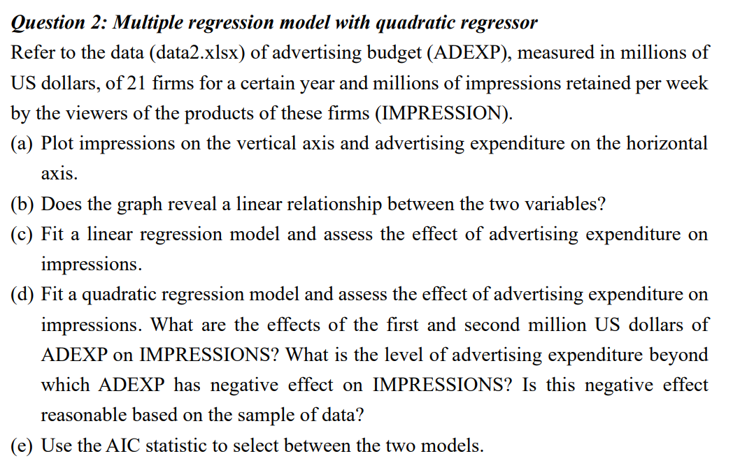 Question 2 Multiple Regression Model With 