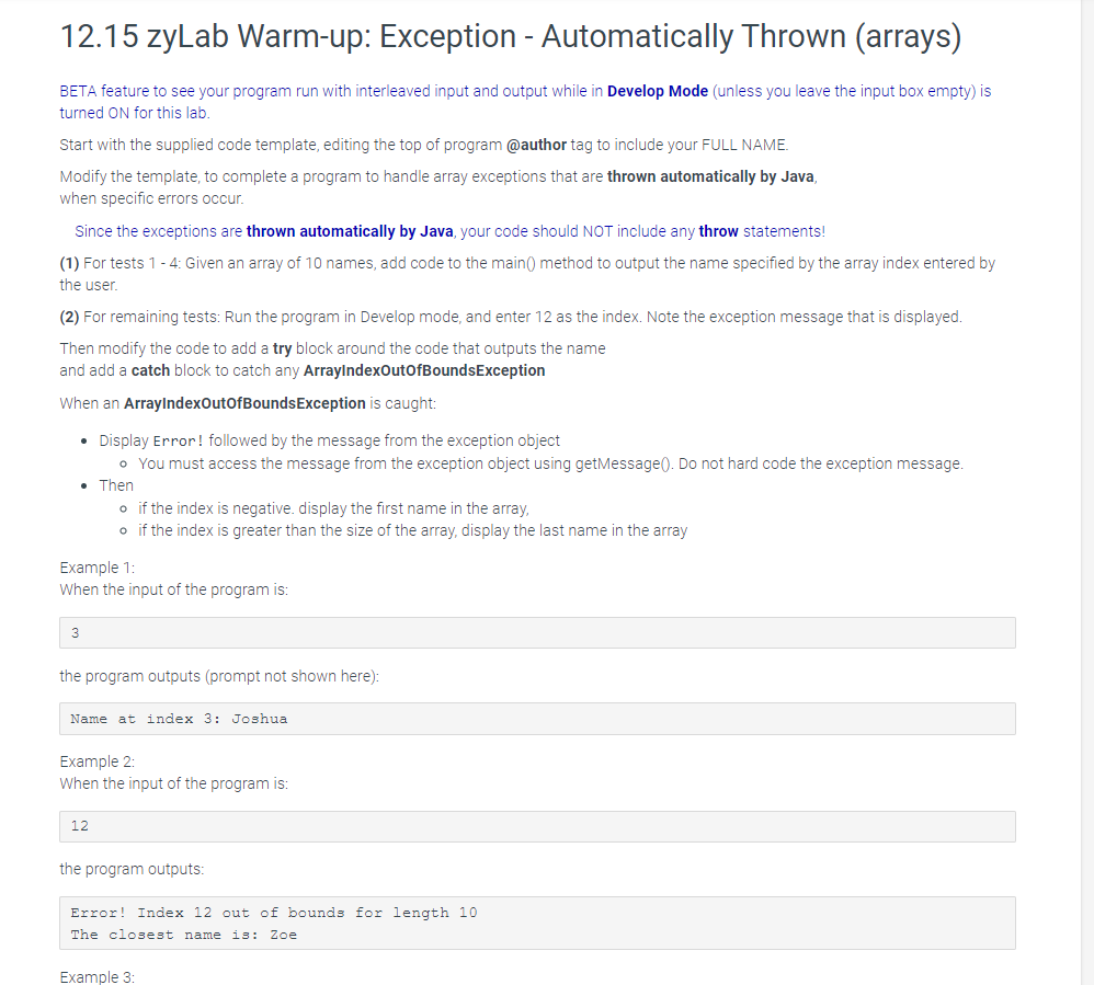 12.15 zyLab Warm-up: Exception - Automatically Thrown | Chegg.com
