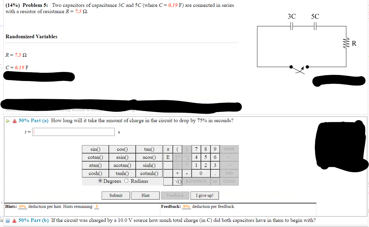 Solved (14%) ﻿Problem 5: Two capacitors of capacitance 3C | Chegg.com