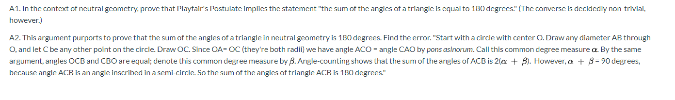 Solved A1. In the context of neutral geometry, prove that | Chegg.com