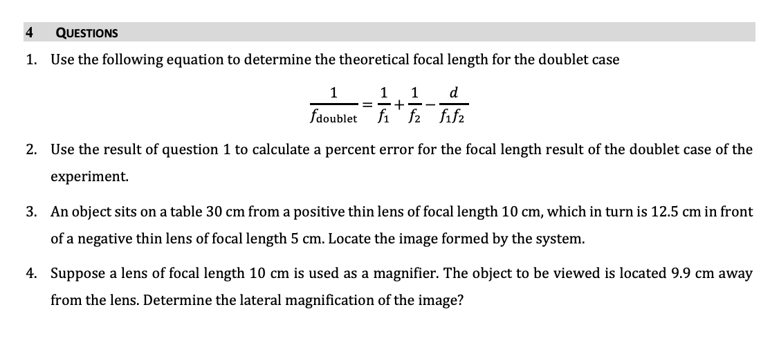 Solved Experiment 2.10: Thin lenses 1 ABSTRACT The thin lens | Chegg.com