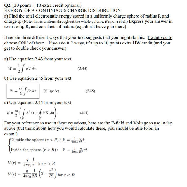 Solved Q2. ( 20 points +10 extra credit optional) ENERGY OF | Chegg.com