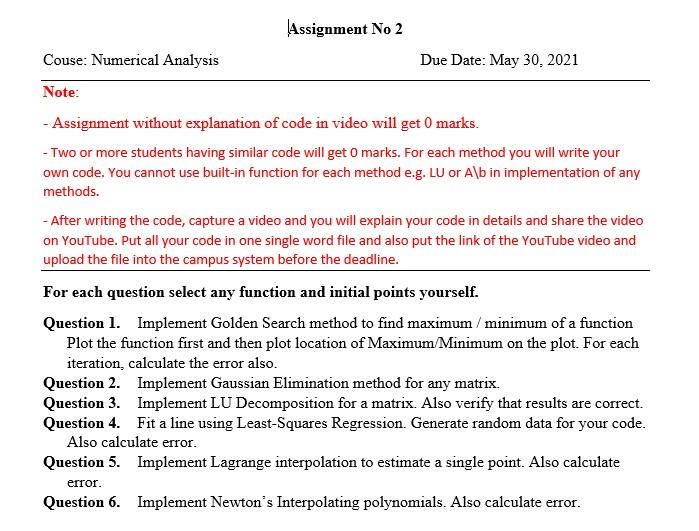 Solved Assignment No 2 Couse: Numerical Analysis Due Date: | Chegg.com
